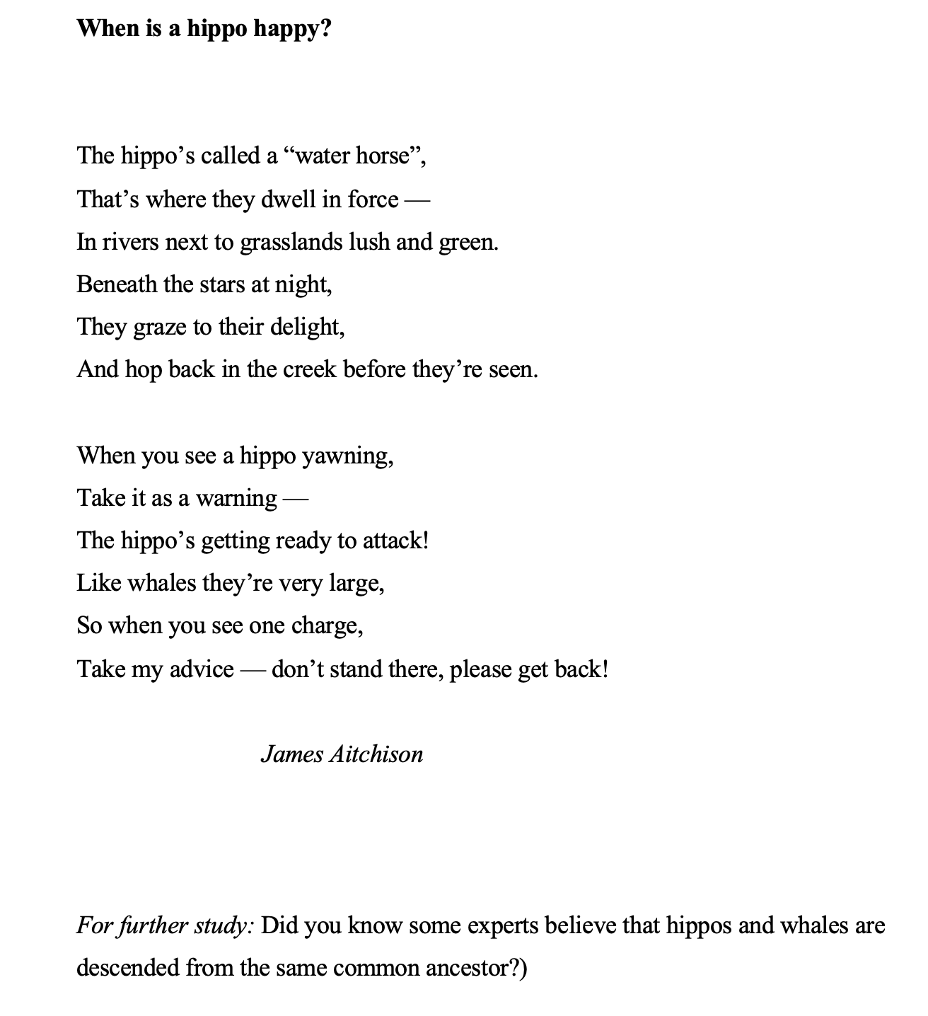 “When is a Hippo Happy” by James Aitchison | Australian Children’s Poetry